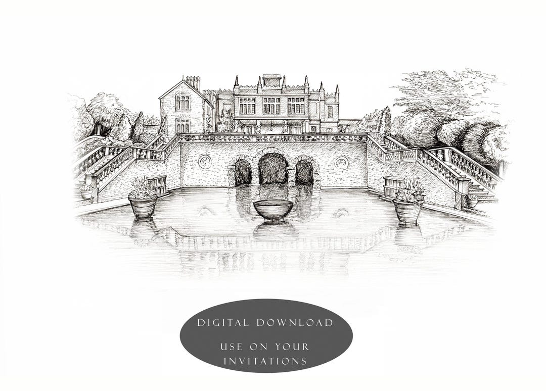 Euridge Manor, Hand Drawn Digital PGN File Wedding Venue Illustration ...