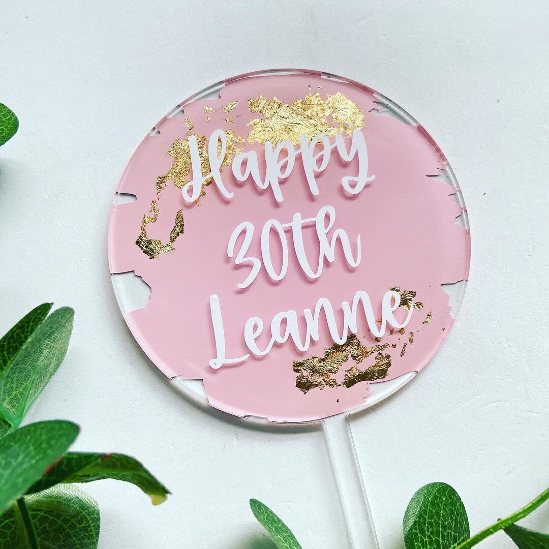 Personalised Circle Gold Leaf Acrylic Cake Topper Paddle Birthday ...