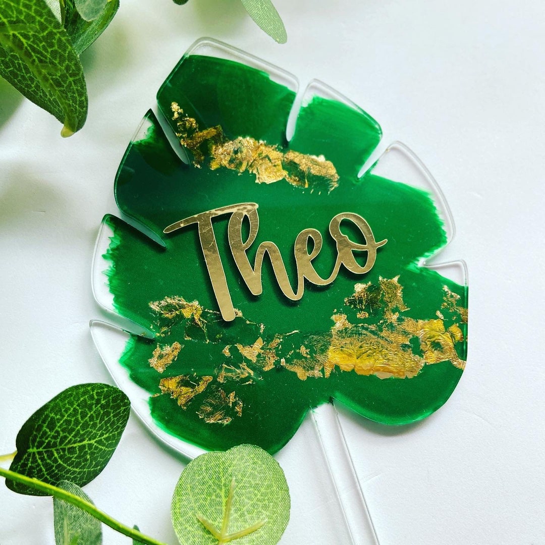 Personalised Leaf Acrylic Cake Topper With Gold Leaf Palm Leaves Green ...