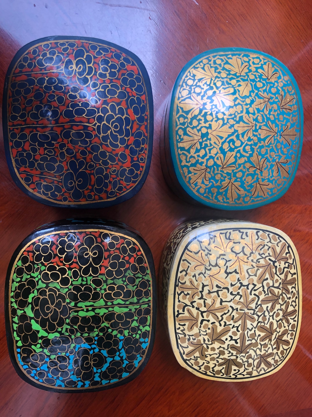 Set of 4. Kashmiri Paper Mache Round Rectangle Indian Kashmiri Paper ...