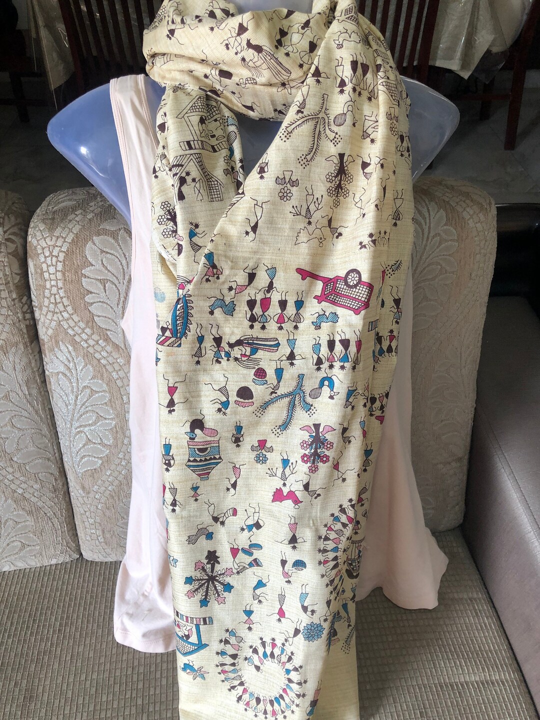 Beige Worli/warli Indian Stick Figure Cotton Dupatta/scarf Indian ...