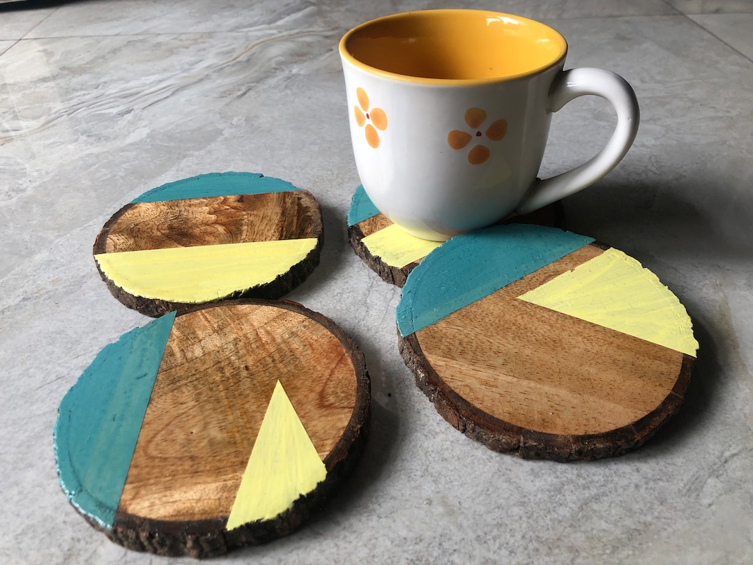 Round Coasters Set of 4 Wood Hand Painted Abstract Coasters Beautiful ...