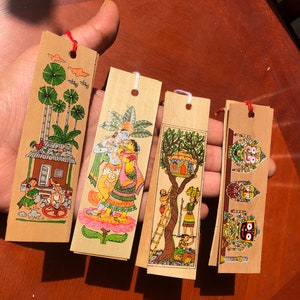Palm Leaf Bookmark Set of 4 Small Colorful Hand Painted Indian Orissa ...