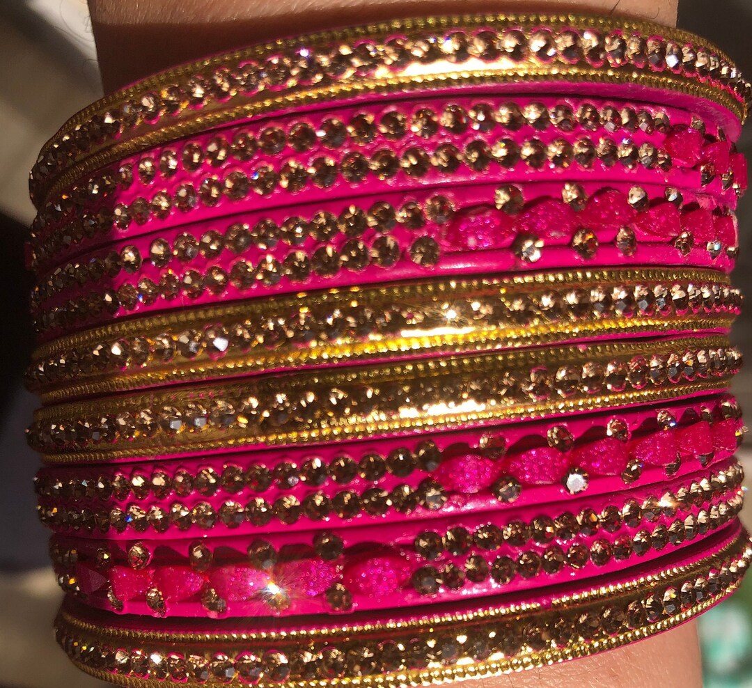 Bangles Beautiful Lac Gold and Coloured Set of 8 Pink/magenta or Teal ...
