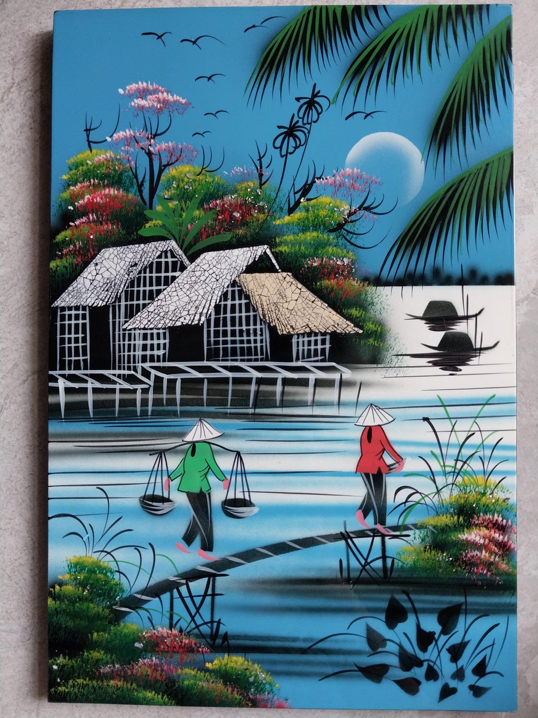 Vietnamese Lacquer Painting Blue Fisherman Vietnamese Village Scene ...