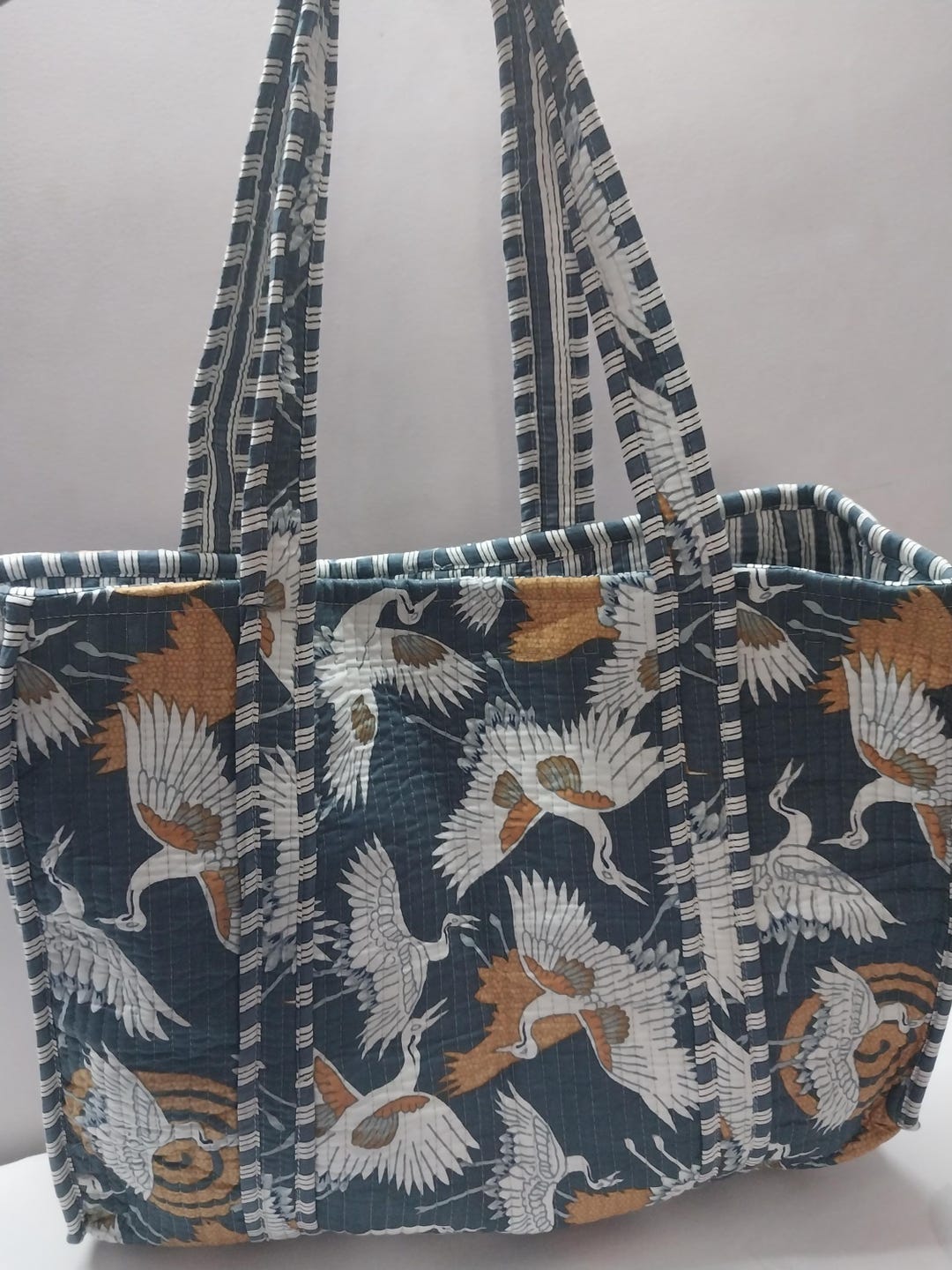 Lovely Indian Navy Blue Striped Nature Themed Double Sided Jhola ...