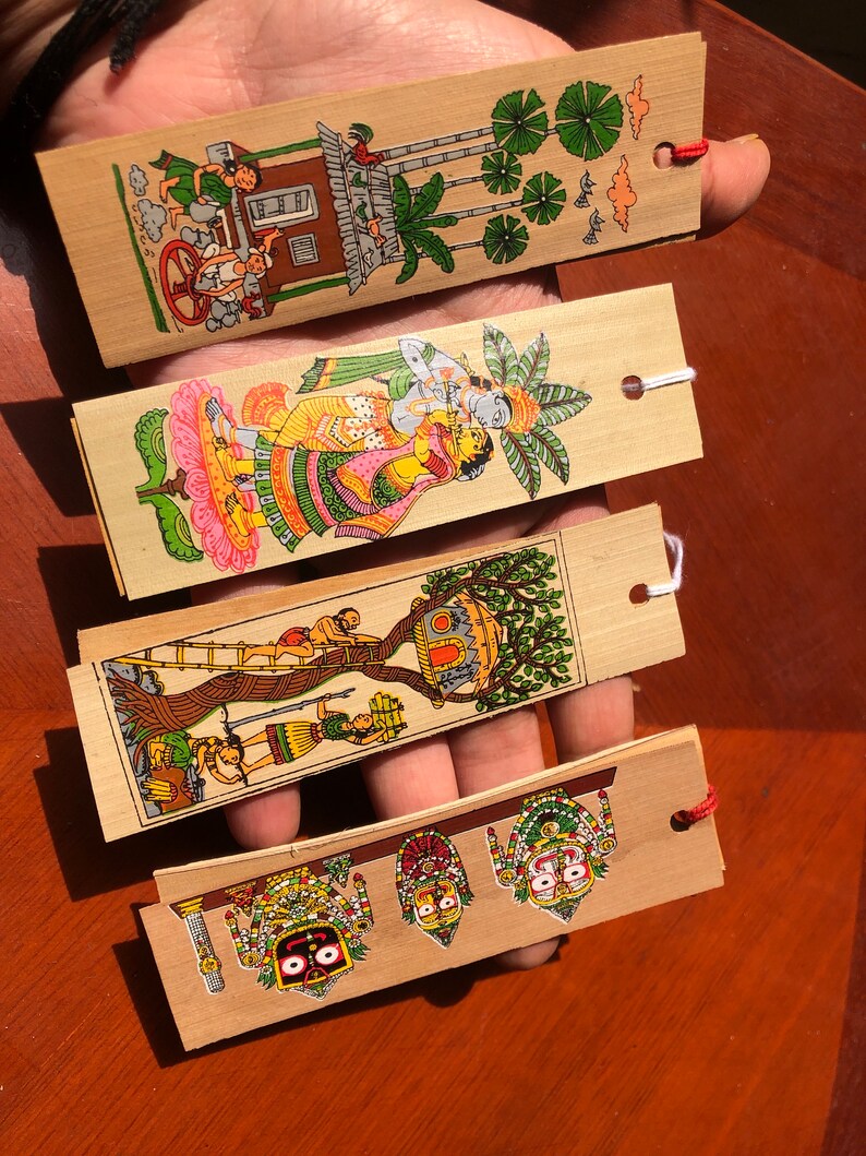 Palm Leaf Bookmark Set of 4 Small Colorful Hand Painted Indian Orissa ...