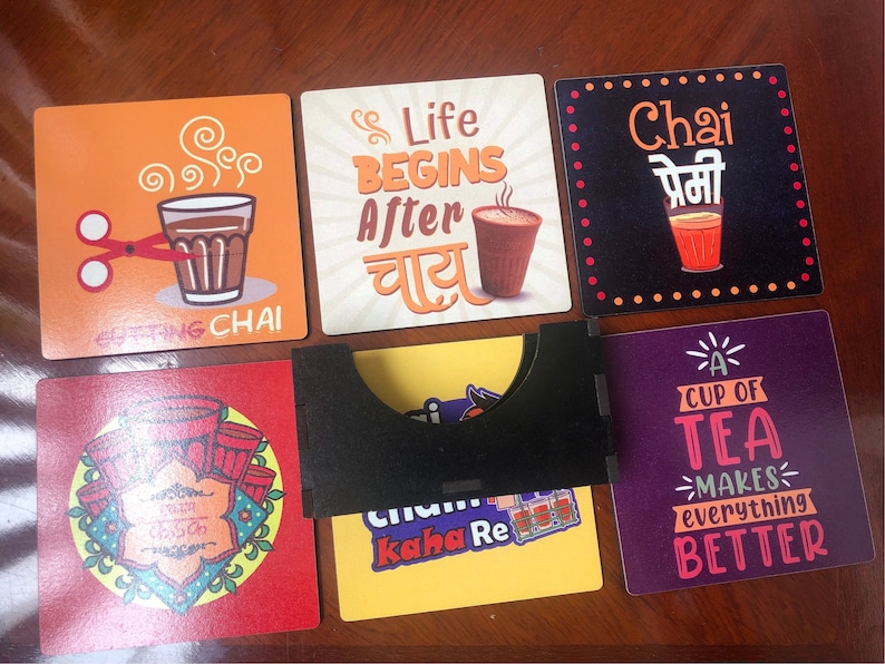 Set of 6 Coasters With Stand. Beautiful Traditional Ethnic Wood Chai ...