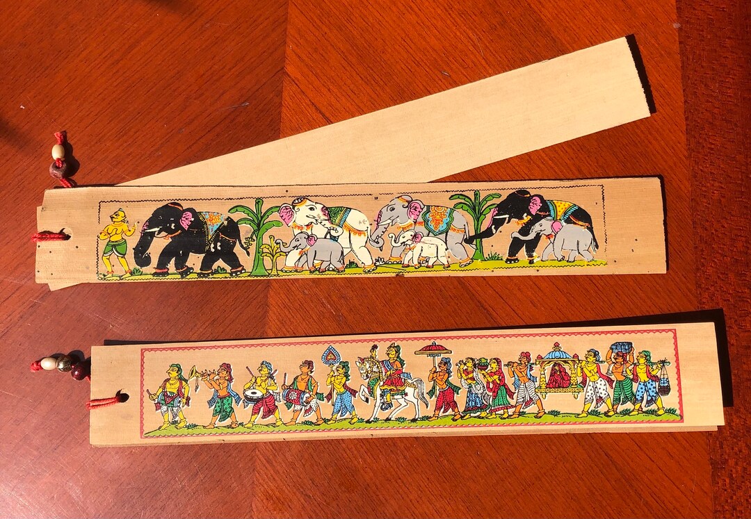 Palm Leaf Bookmark Set of 2 Colorful Hand Painted Indian Orissa Tala ...