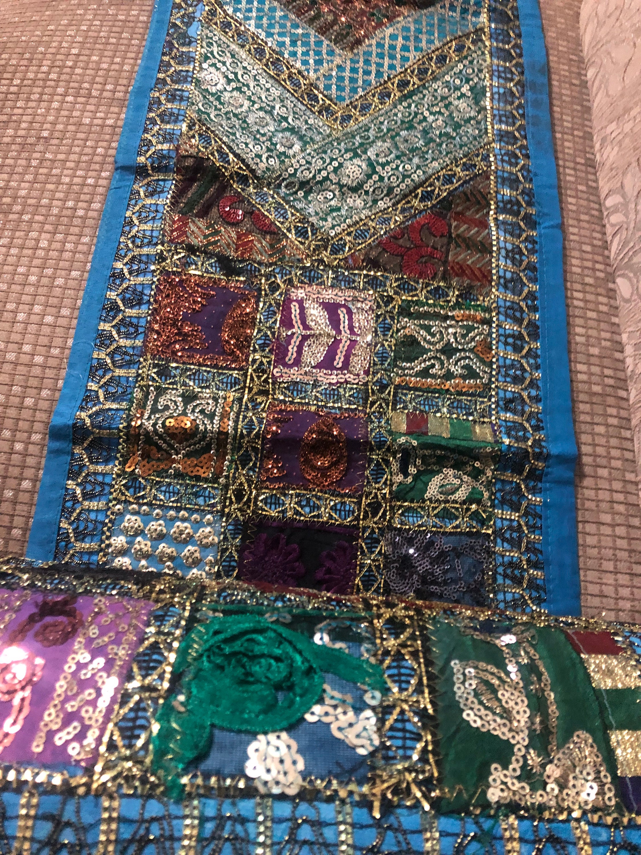 Indian Sequin Table Runner Blue Patchwork Colorful Sequin Embroidery ...