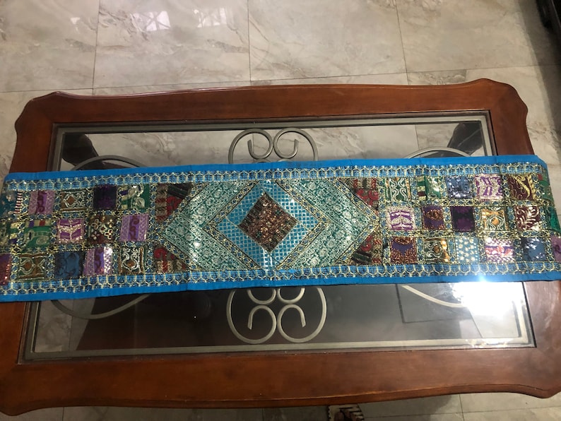 Indian Sequin Table Runner Blue Patchwork Colorful Sequin Embroidery ...