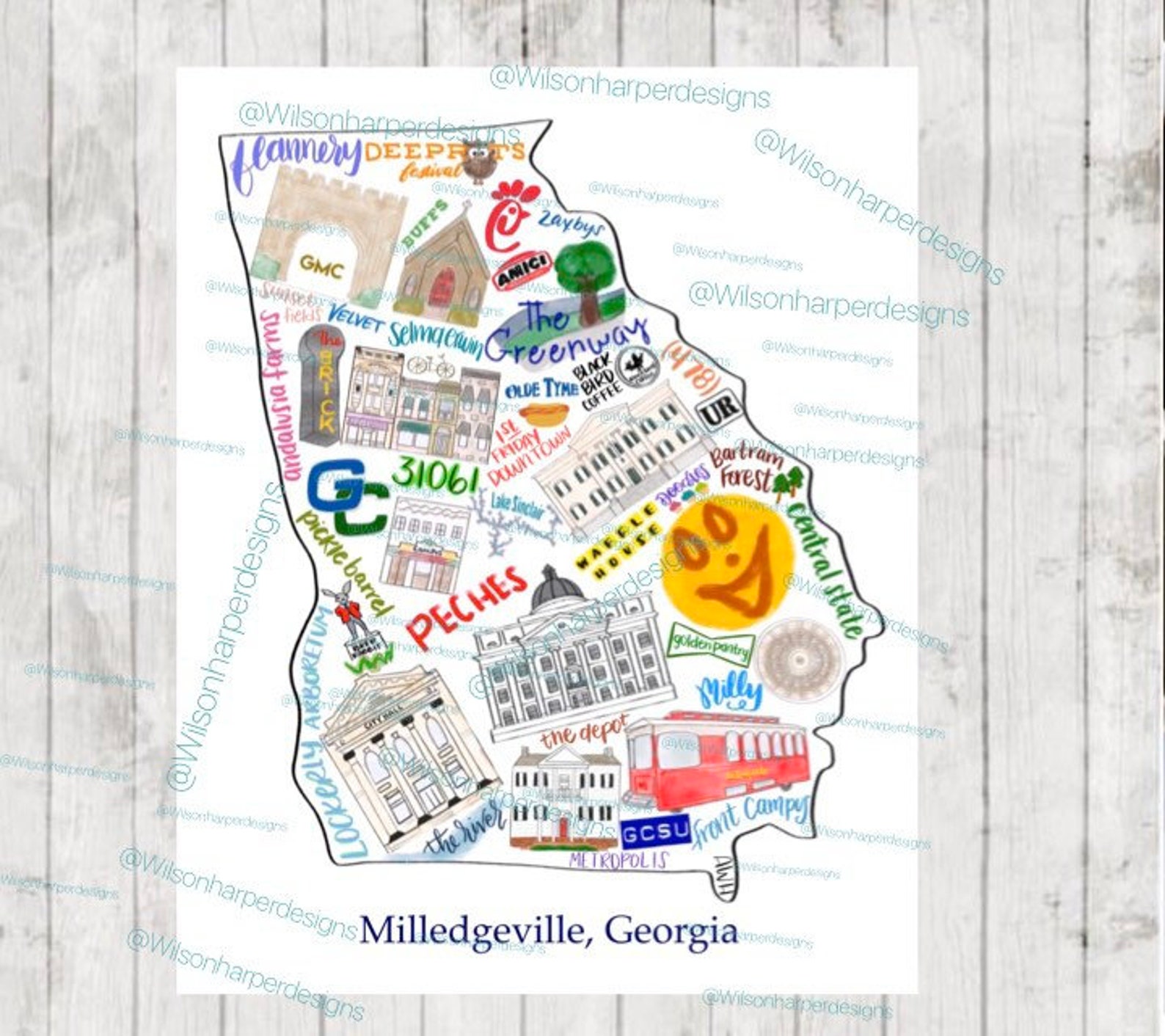 FREE Shipping Milledgeville Georgia Landmarks Icons Milledgeville Milly ...