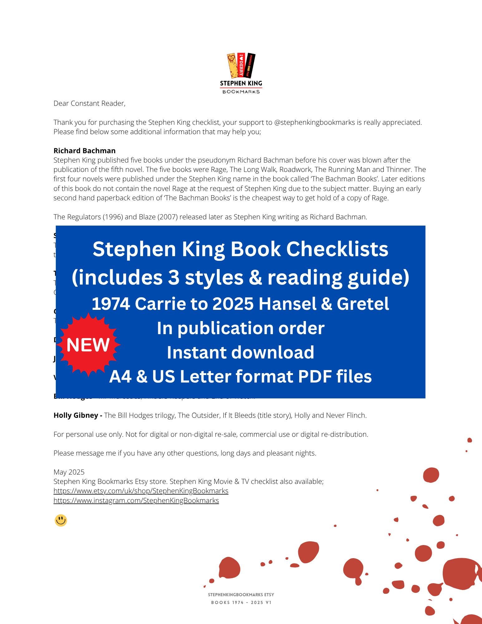 Stephen King Book Checklists for Instant Download. 3 Styles, Plain and ...