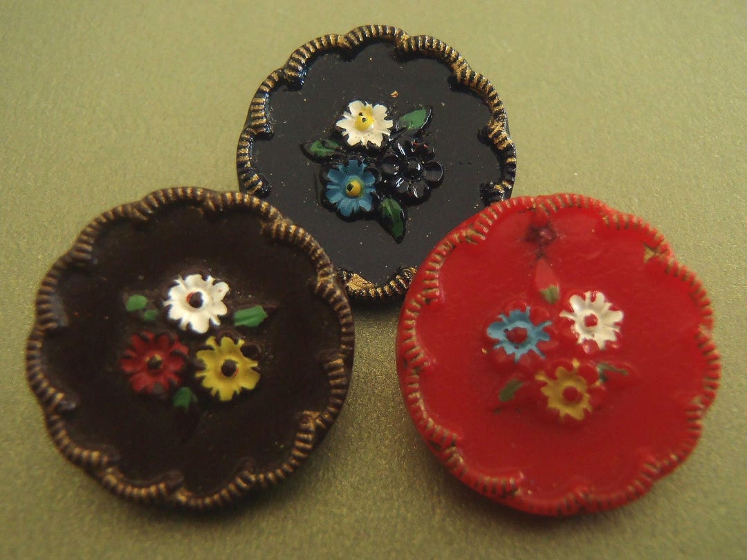 3 Vintage Glass Buttons Hand Painted Flowers Glass Navy Blue Chocolate ...