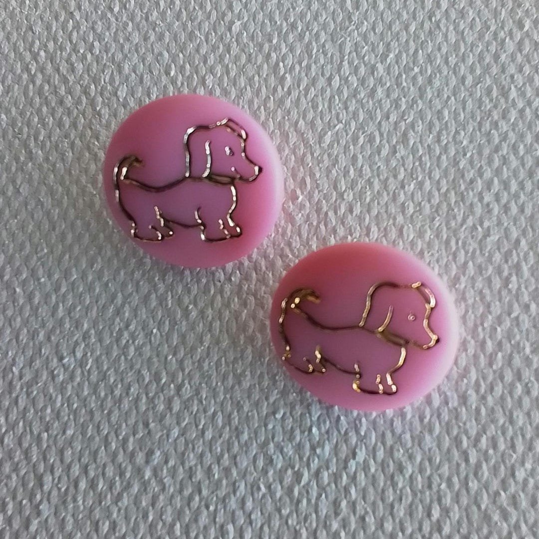 2 Small Vintage Glass Dog Buttons Pink Button Gold Trim Cute Character ...