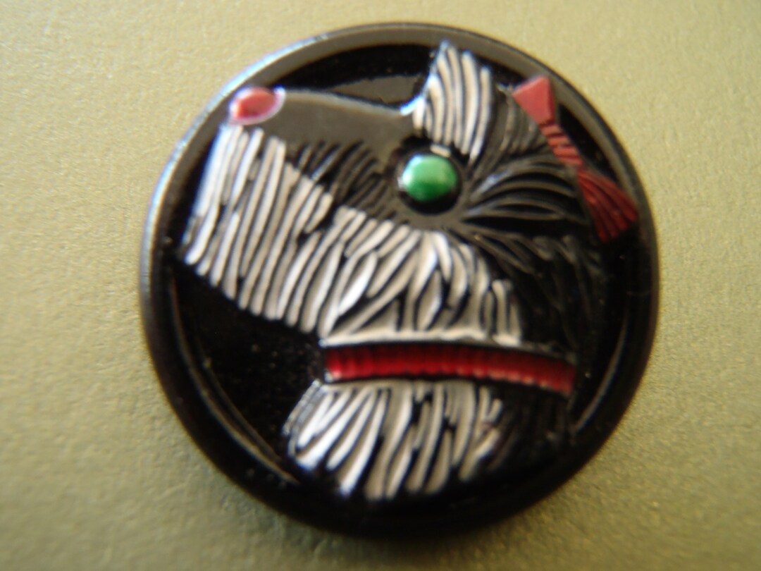 Vintage Black Glass Scotty Dog Button White Dog With Res Bow and Collar ...