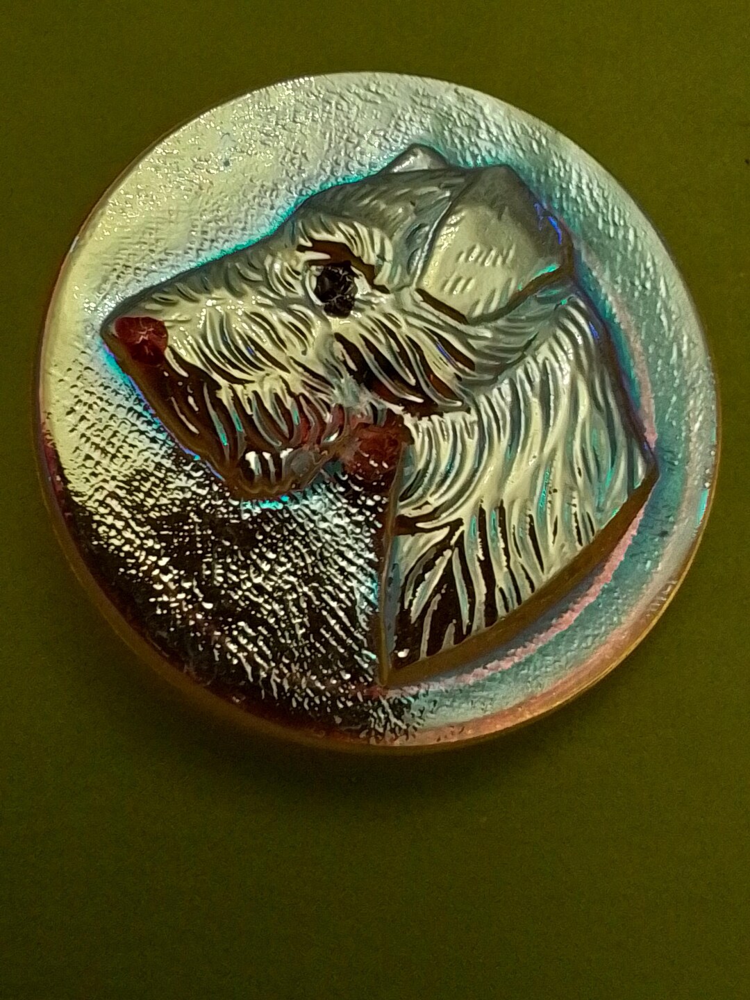 Vintage Glass Dog Head Button With Red Nose Black Eye & Aurora Overlay ...