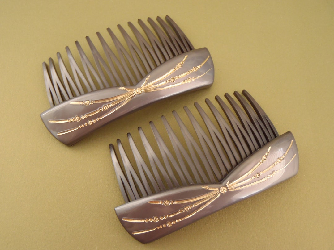 2 Vintage French Hair Combs 1970s Gray With Sparkling Gold Highlights ...
