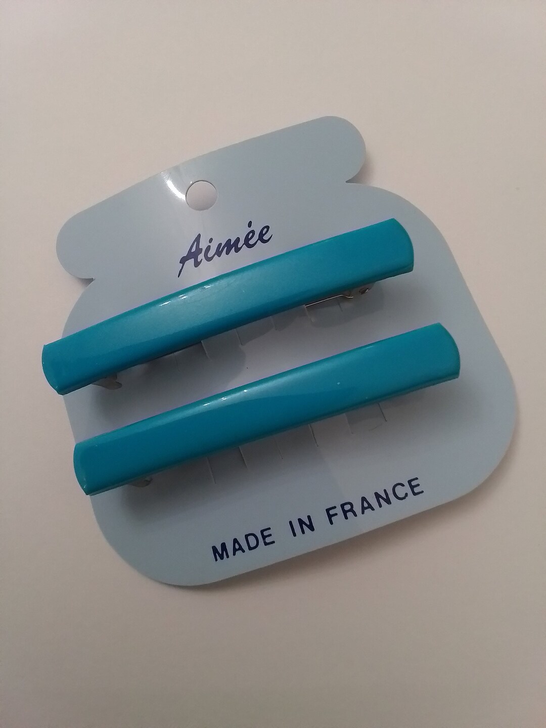 2 Vintage French Teal Blue Bar Barrettes on Original Aimee Card Ex Shop ...