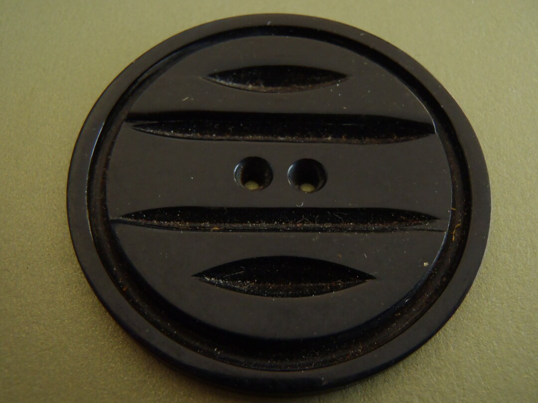 Vintage XL Glossy Black Deco Button Round Carved Chunky Geometric ...