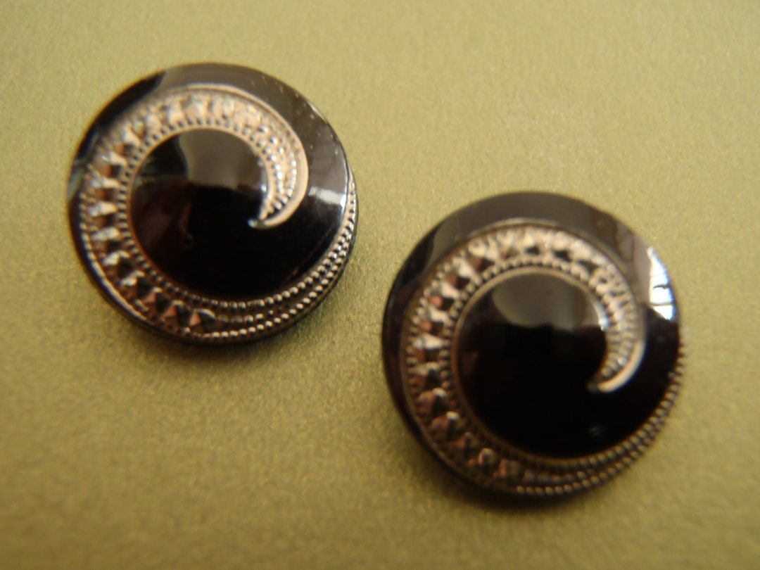 2 Vintage Black Glass Buttons With Silver Spiral Highlights Elegant ...