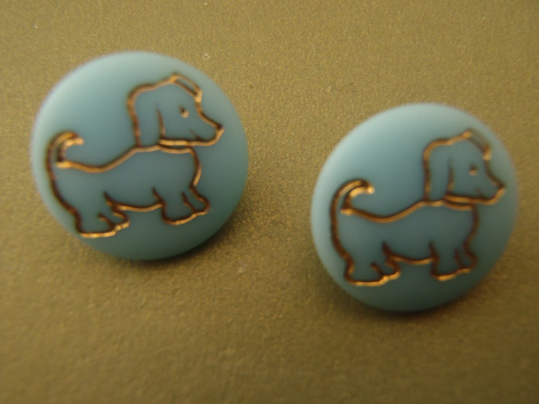 2 Small Vintage Glass Dog Buttons Blue Button Gold Trim Cute Character ...