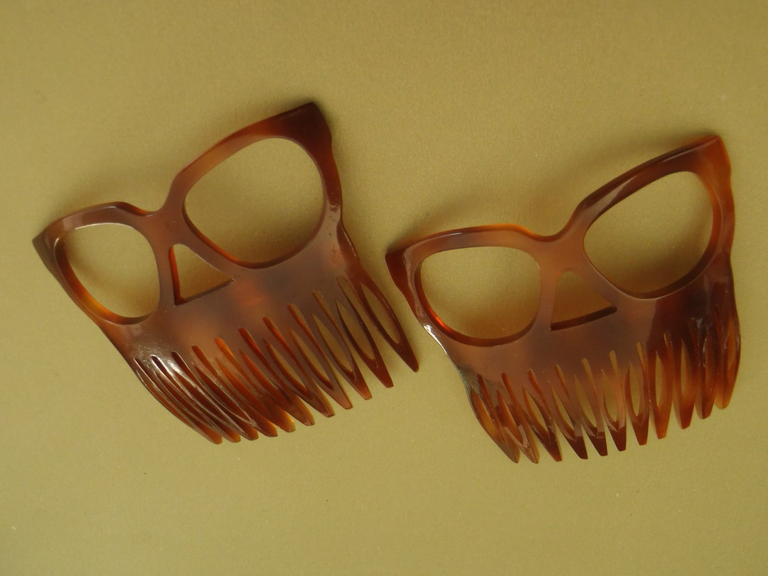 2 Vintage French Hair Combs Eye Glass Spectacle Shape 70s Faux Tortoise ...