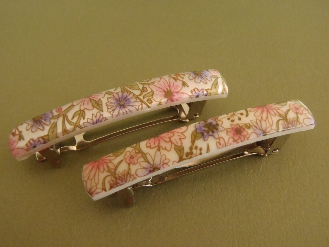 2 Vintage French Barrettes Unused Pink Green Floral on Pearl White ...