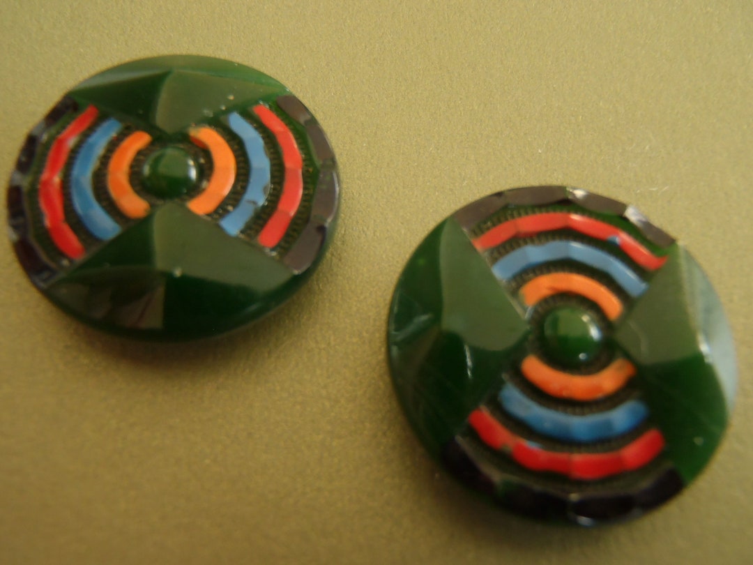 2 Vintage Deep Green Glass Buttons Carved With Red Blue Pink Highlights ...