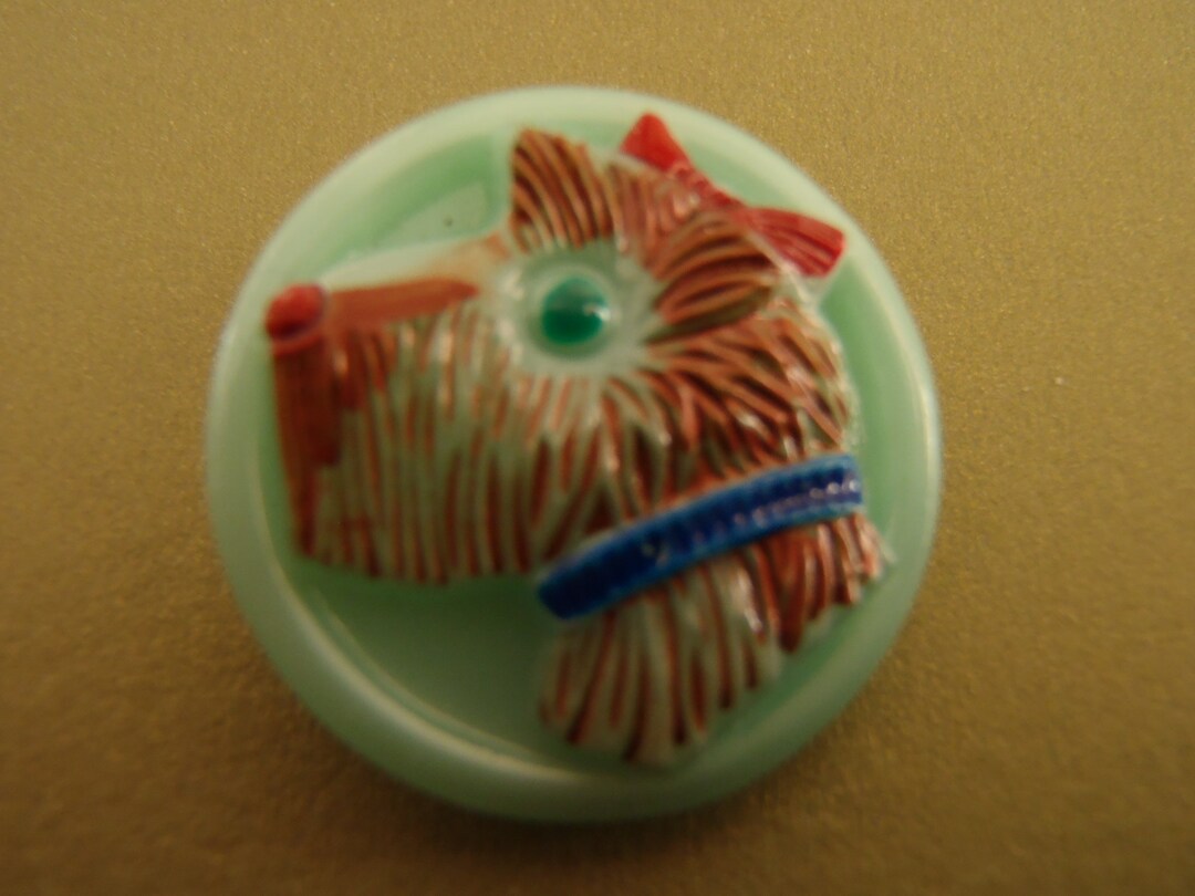 Vintage Turquoise Glass Scotty Dog Button Brown Dog With Red Cap & Nose ...