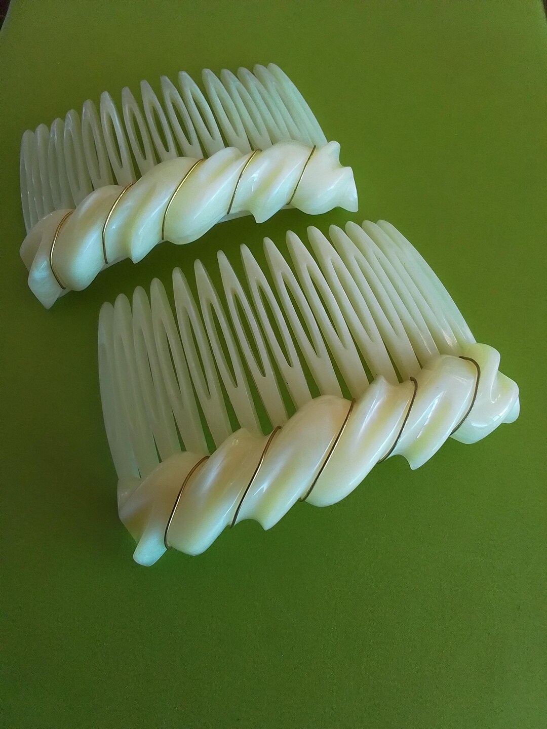 2 Vintage French Hair Combs 1960s Beige With Gold Braid Highlights ...