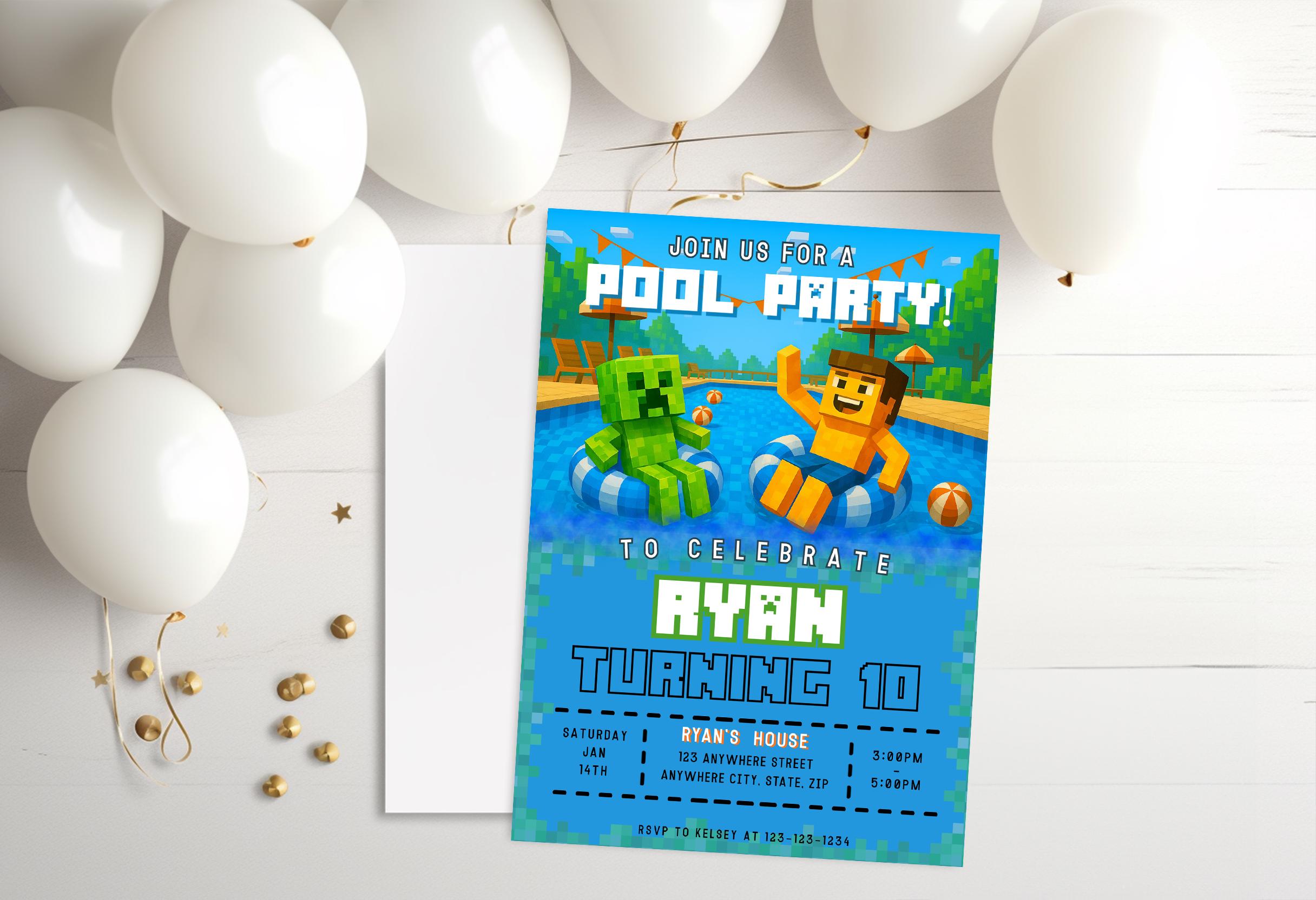 Pixel Block Pool Party Invite, Swim Birthday Party Invitation, Pixel ...