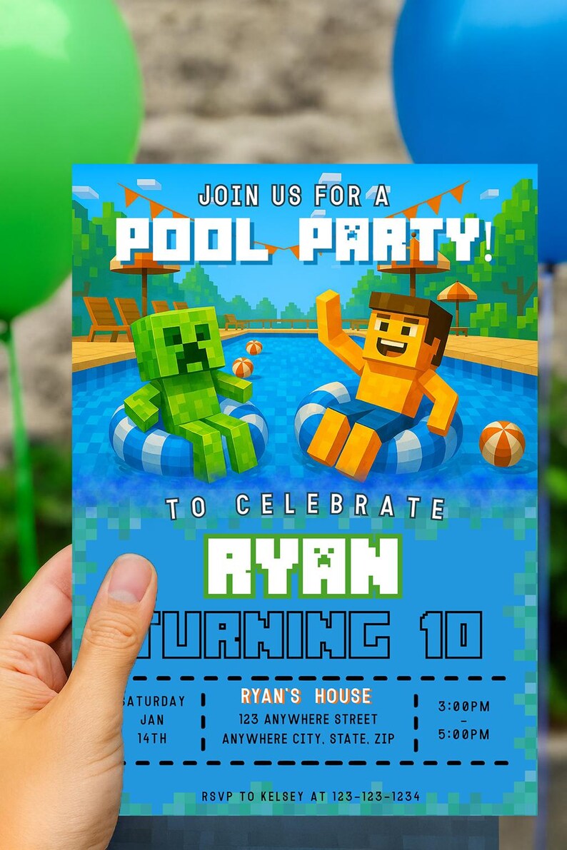 Pixel Block Pool Party Invite, Swim Birthday Party Invitation, Pixel ...