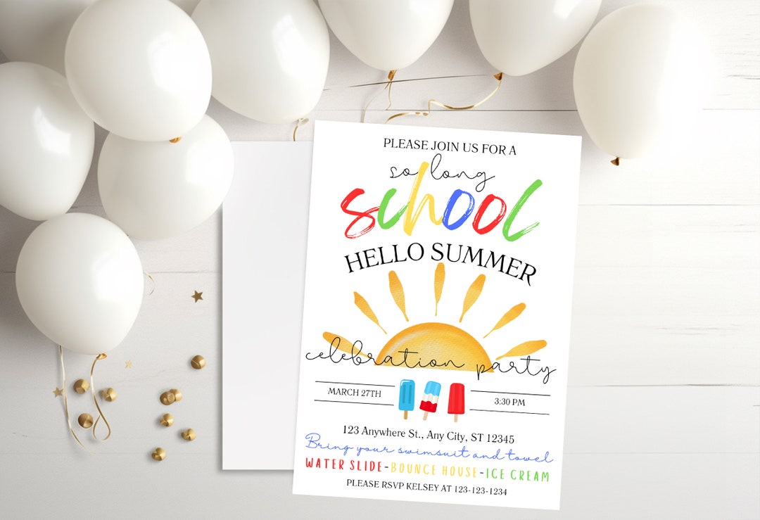 End of School Party Invitation, Hello Summer Party Invite, End of ...