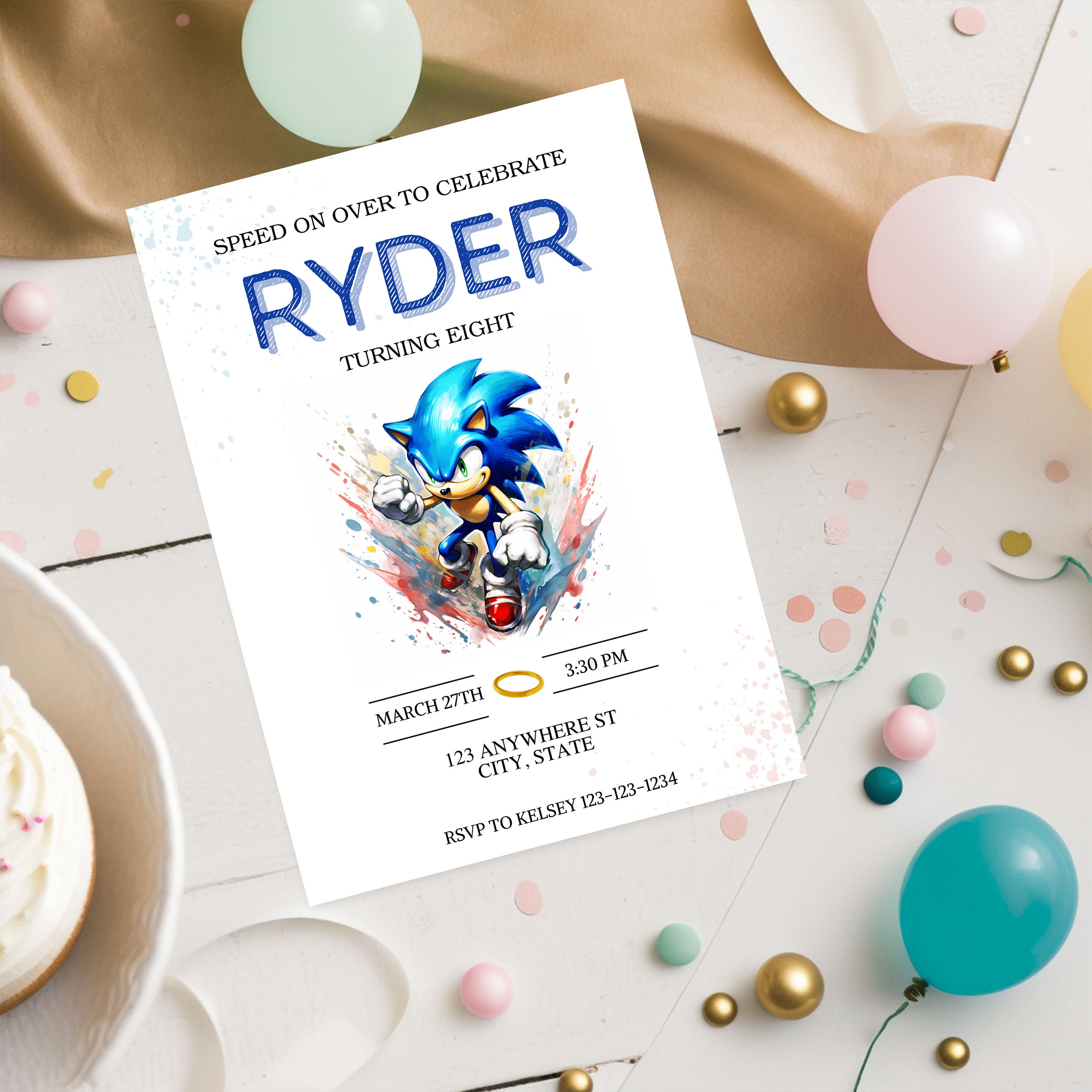 Super Sonic Birthday Party Invites, Watercolor Style Super Sonic the ...