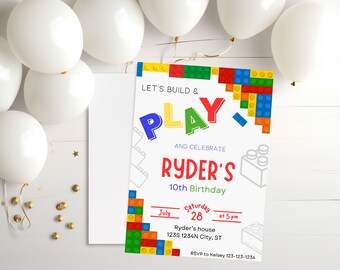 Building Blocks Birthday Invitation Building Bricks Kids Birthday Party ...