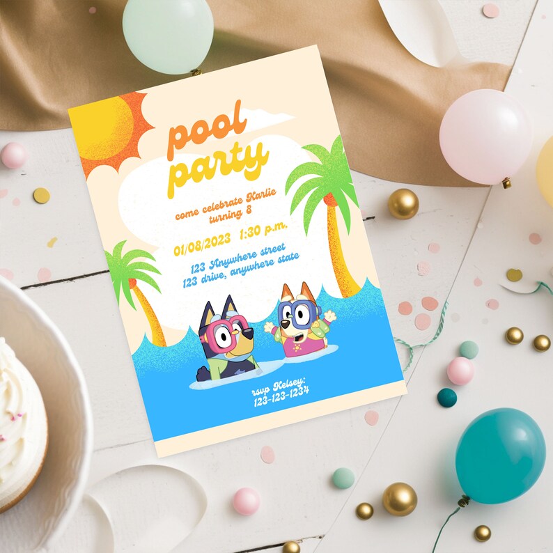 Bluey Pool Party Invite, Bluey Pool Party Invitation, Bluey Swim Party ...