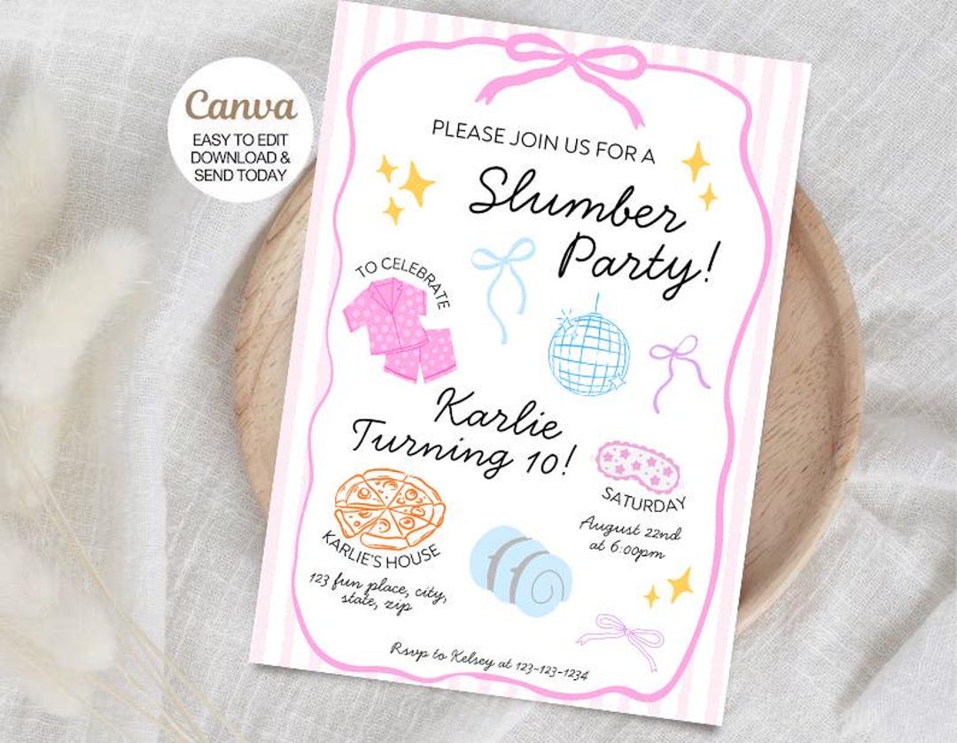 Slumber Party Invitation Template | Editable Sleepover Birthday Invite ...