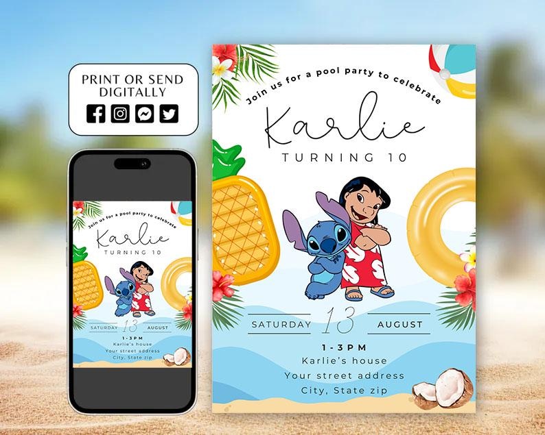 Lilo & Stitch Birthday Invite - Lilo and Stitch Pool Party Invite ...