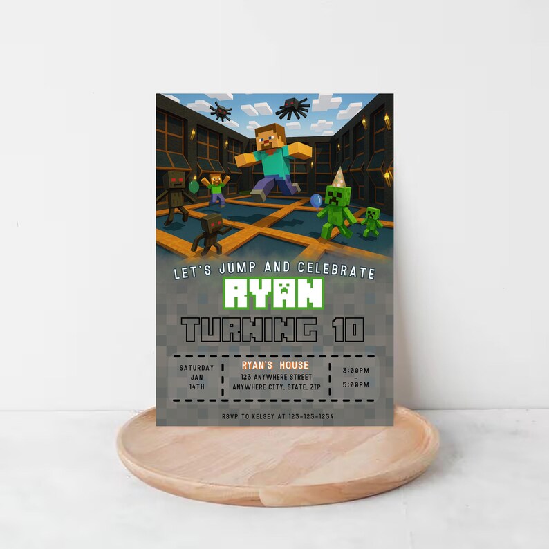 Pixel Block Trampoline Park Party Invite, Sky-zone Birthday Party ...
