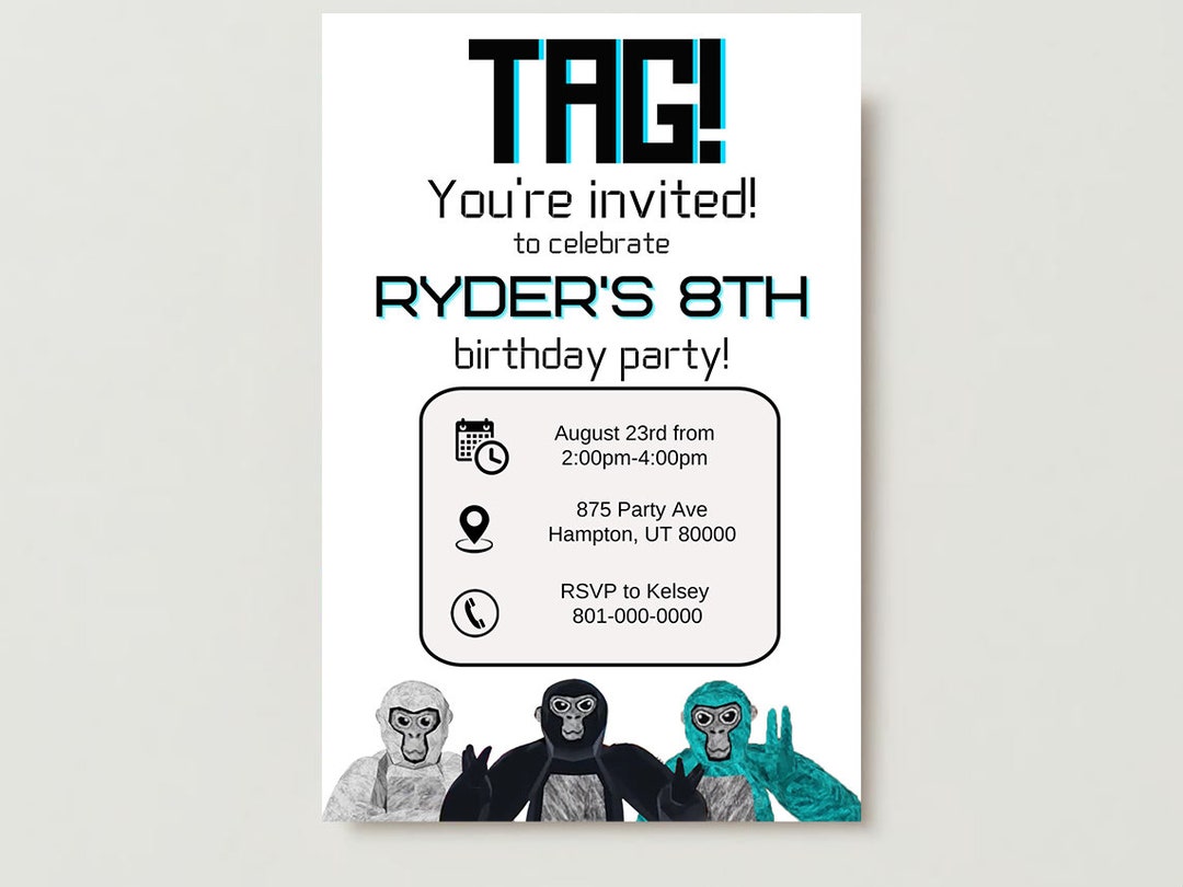 Gorilla Tag Birthday Party Invitation Digital Download Editable Gorilla Tag Birthday Party Invitation Digital Download Editable