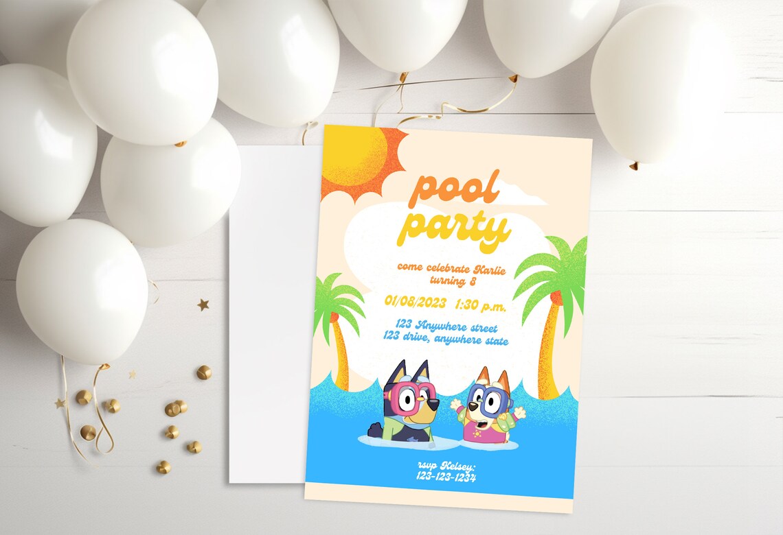 Bluey Pool Party Invite, Bluey Pool Party Invitation, Bluey Swim Party ...