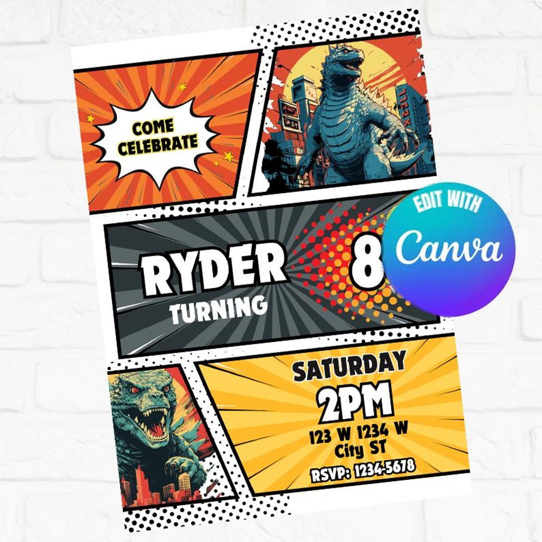 Godzilla Invitation, Godzilla Birthday Invitation, Godzilla Invite, Kid ...