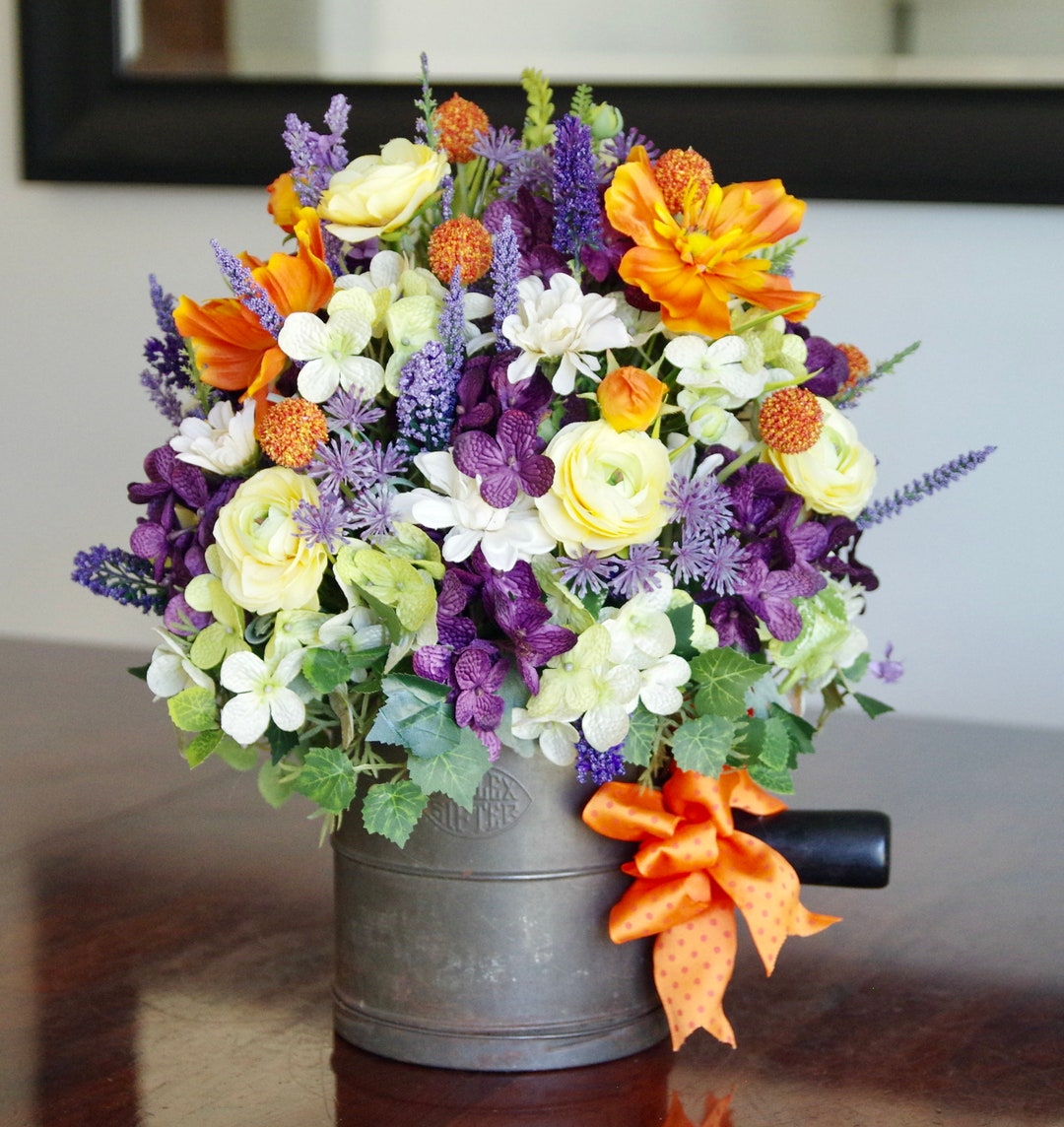 Vintage Metal Flour Sifter With Orange, Yellow and Purple Silk ...