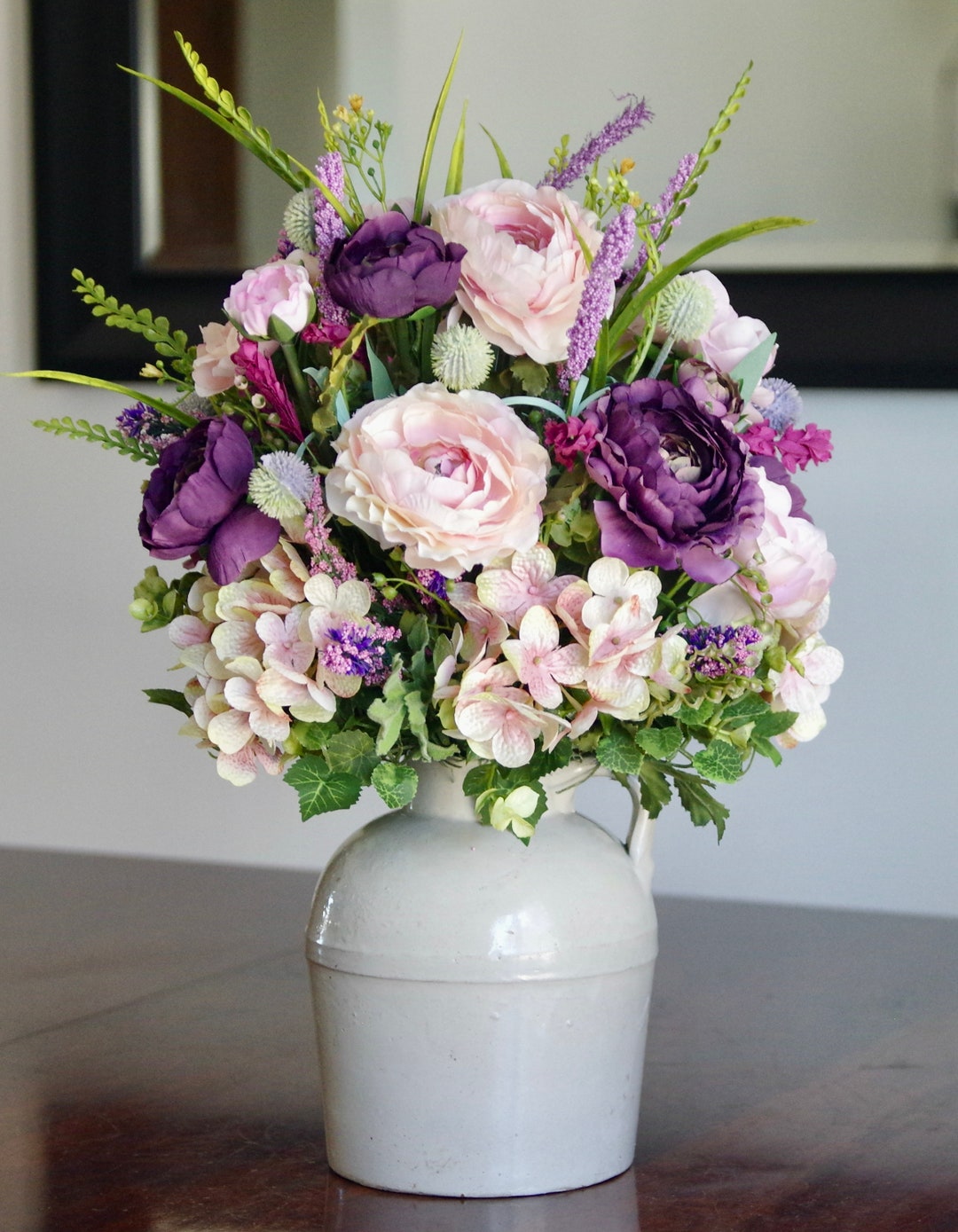 Vintage Ivory Wide Mouth Crock Jug With Silk Purple and Pink ...