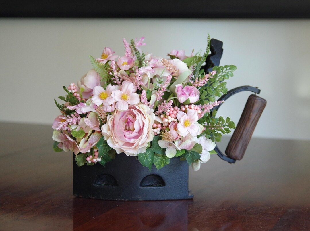 Vintage Coal Iron Floral Arrangement: Pink Ranunculus, Cosmos ...