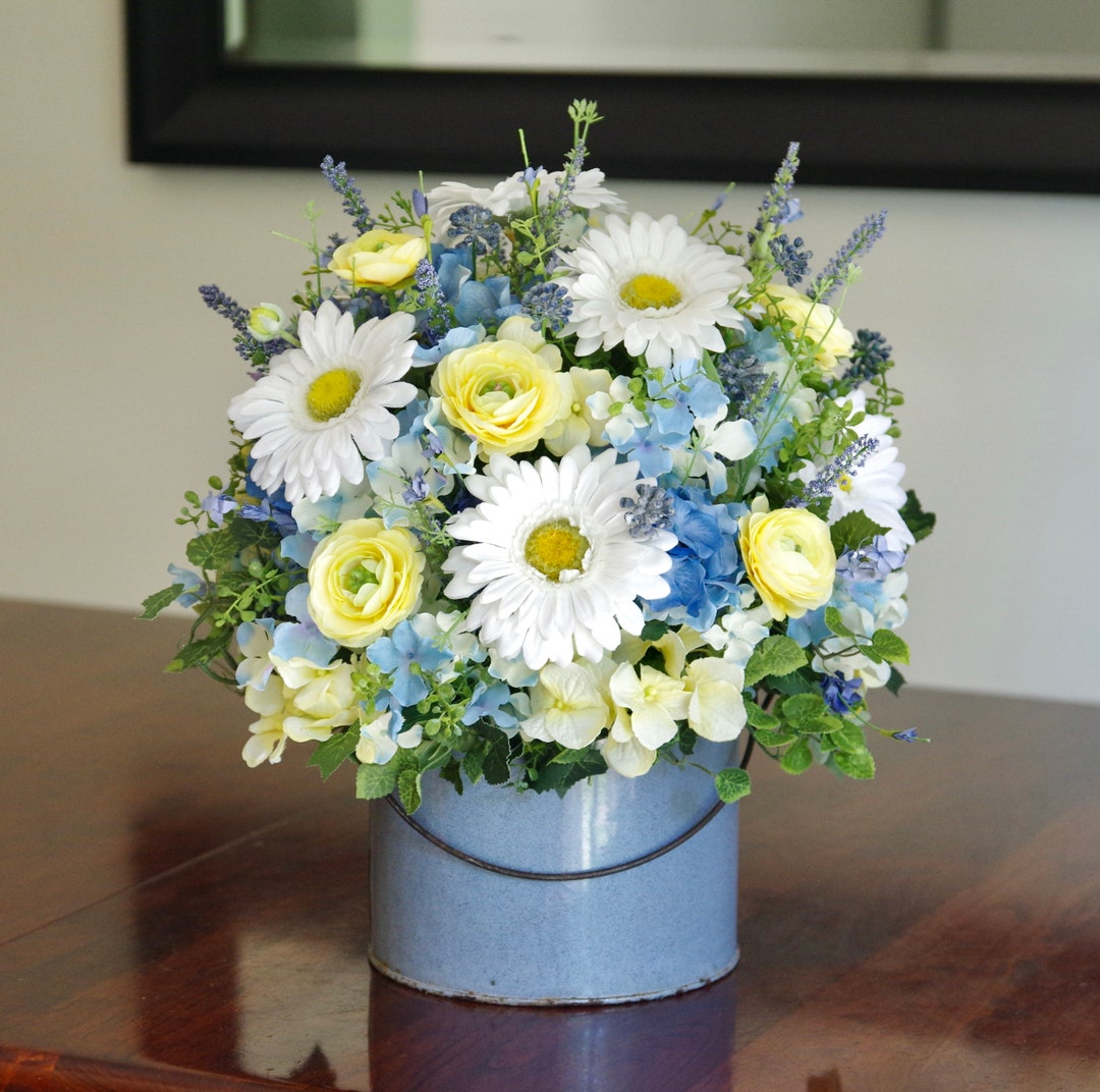 Vintage Blue Enamel Berry Bucket With A Silk Gerbera Daisy Arrangement ...