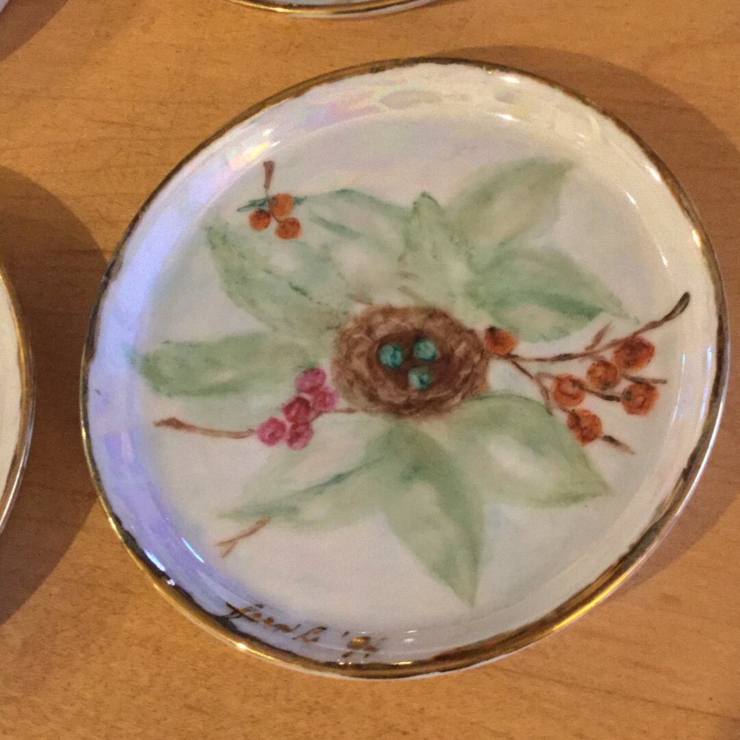Set of Four Hand Painted Signed Ceramic Coasters With a Sweet Birds ...