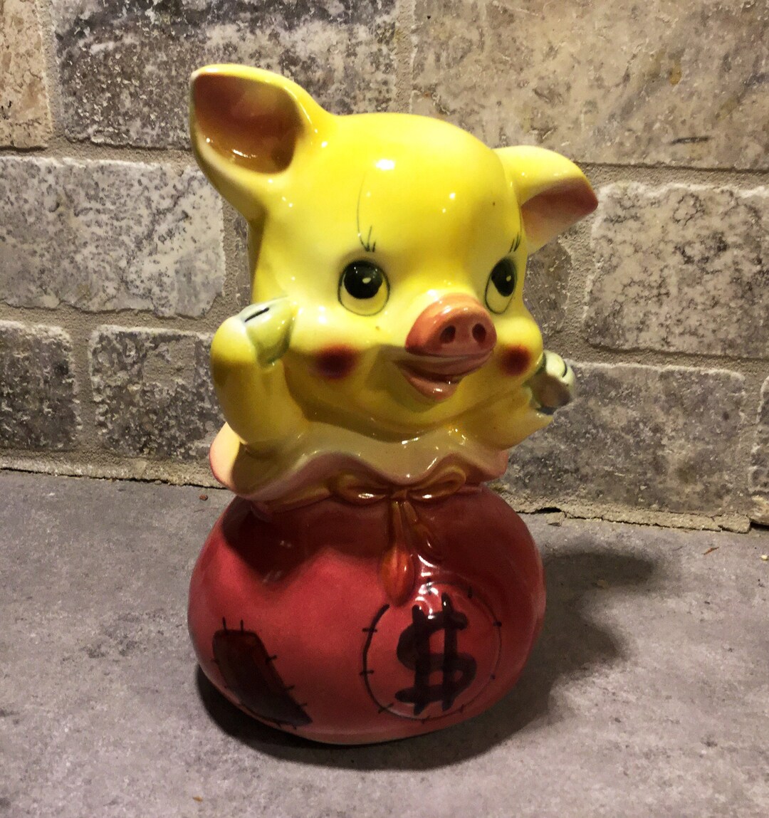 Retro Kitschy Piggy Bank Real Pig Bank Yellow Ceramic Piggy Bank Yellow ...