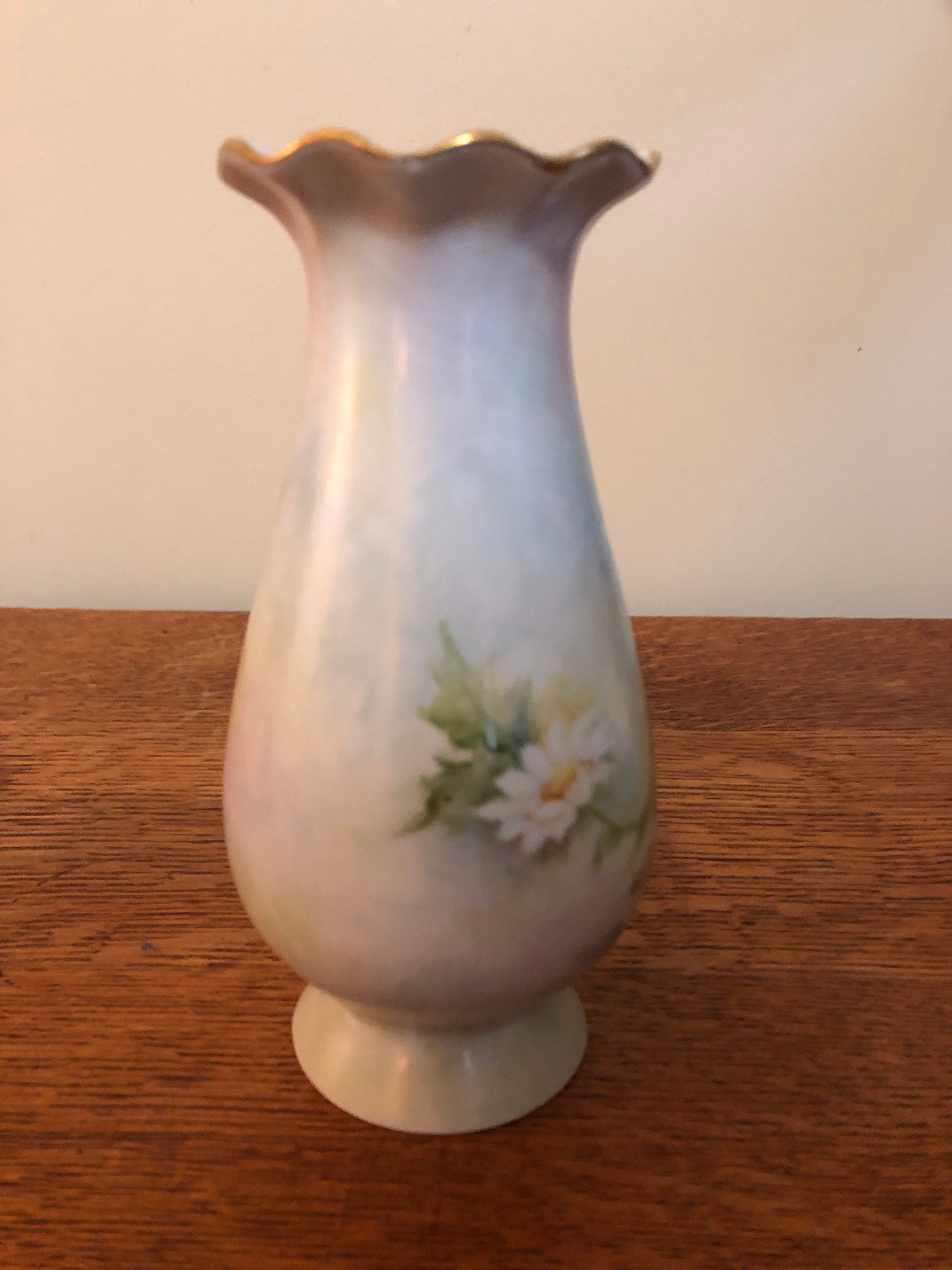 Vintage Ruffled Small Vase Adorned With Hand Painted Daisies and Gilded ...